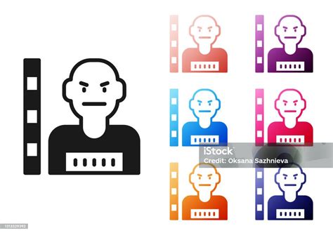 흰색 배경에 격리 된 검은 용의자 범죄 아이콘 교도소에서 범죄자 보드 근처에서 의심 다채로운 아이콘을 설정합니다 벡터 강도에