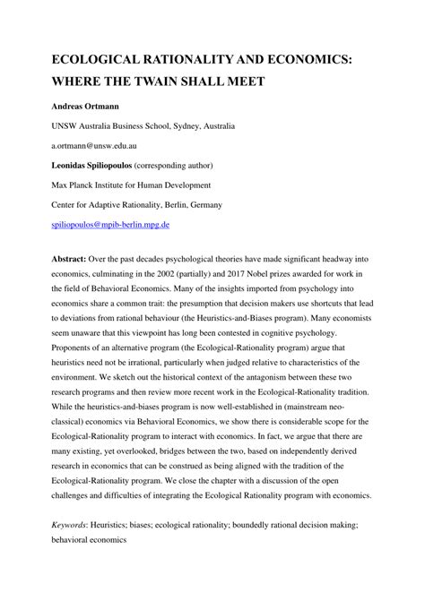 Pdf Ecological Rationality And Economics Where The Twain Shall Meet
