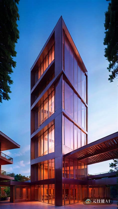 Ai提示词：这座建筑的建筑设计将东方花园的美学与工业设计的功能完美地融合在一起。从视觉上看，结构包含了一种和谐与平衡的感觉，其野兽派的造型被致敬寒区建筑的金属元素所软化，增加一层知识深度和教育
