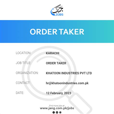 Order Taker Job Khatoon Industries Pvt Ltd Jobs In Karachi 60007