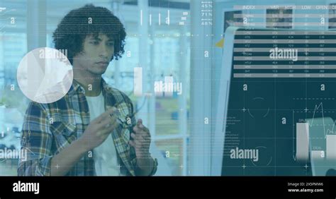 Image Of Statistical Data Processing Against Thoughtful Biracial Man