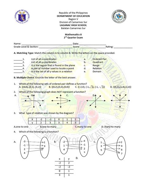 2nd Quarter Exam Math 8 Pdf Cartesian Coordinate System Function Mathematics