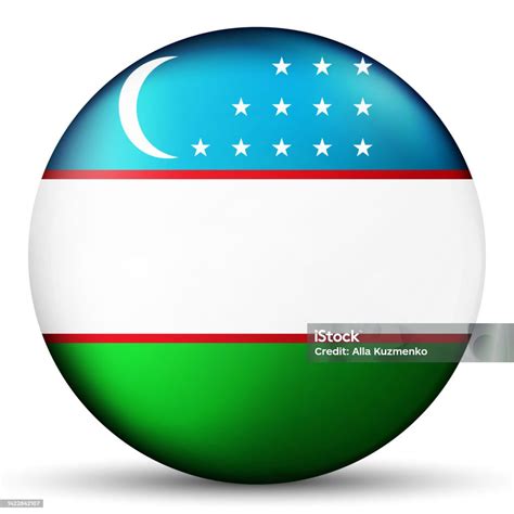 우즈베키스탄국기가 있는 둥근 아이콘 유리 빛 공 스티커 구체 우즈베키스탄 국가 상징 광택 사실적 공 3d 추상 벡터 일러스트 템플릿 큰 거품 우즈베키스탄에 대한 스톡 벡터
