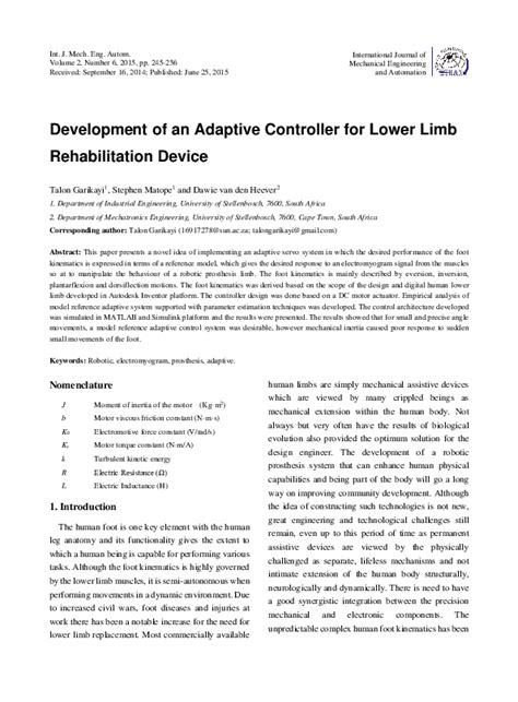 Pdf Development Of An Adaptive Controller For Lower Limb