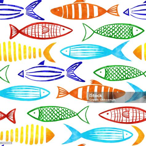빨간색 주황색 노란색 청록색 파란색과 녹색 수채화 물고기 흰색 배경으로 완벽 한 패턴입니다 물고기에 대한 스톡 벡터 아트 및 기타 이미지 Istock