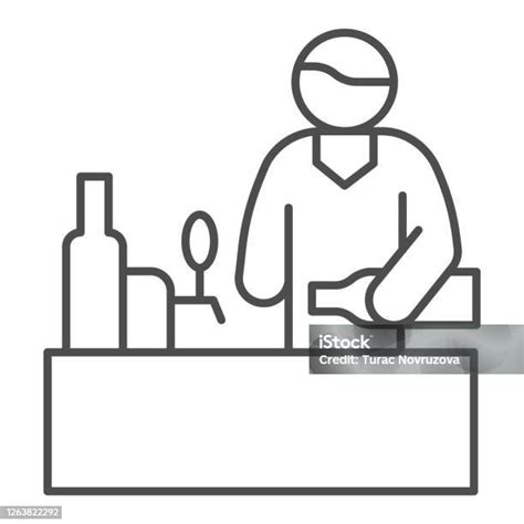 酒吧桌的調酒師細線圖示 精釀啤酒的概念 酒吧老闆標誌在白色背景 酒吧櫃檯和人酒吧圖示在輪廓風格為移動概念和網頁設計向量圖形向量圖形及更多互聯網