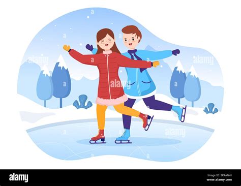 Ice Skating Hand Drawn Cartoon Flat Illustration Of Winter Fun Outdoors