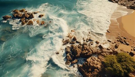 Premium Ai Image Aerial View Of A Tranquil Coastline Waves Breaking On Rocks Generated By