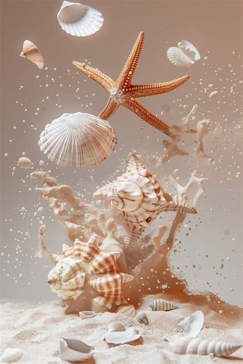 Floating Seashell And Starfish With Sand Particles Levitation In Air On Floating Seashell And Starfish With Sand Particles Levitation In Air On