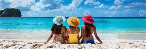 Three Beautiful Asian Girls On Beach Pretty Women Wearing Color Hats