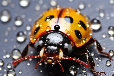 Ladybug Em Um Fundo Preto Com Gotas De água Close Up Foto Premium