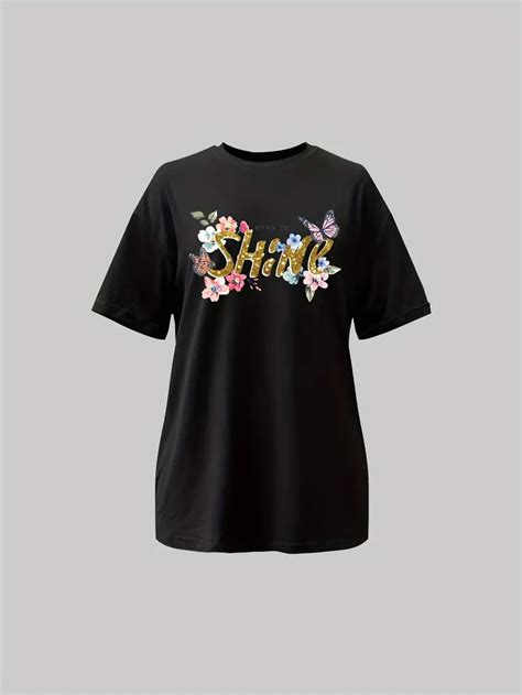Letter Print Drop Shoulder T Shirt Short Sleeve Crew Neck Temu New