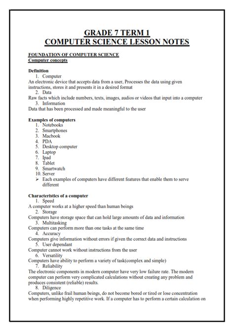Grade Computer Science Lesson Notes Term Easylibrary
