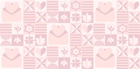 발렌타인 데이 바우 하우스 스타일의 추상적 인 기하학적 인 완벽 한 패턴 모자이크 미니멀리스트 배경 배너 간단한 모양 하트 꽃 별과 같은 템플릿 2월에 대한 스톡 벡터 아트