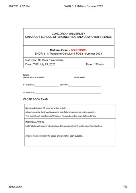 SOLUTION Engr 311 Midterm Summer 2023 Studypool