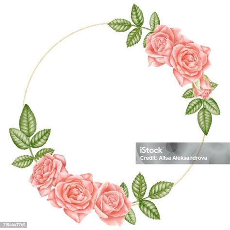 분홍색 장미 꽃과 녹색 잎이 있는 화환 인사말 카드 또는 청첩장에 대 한 꽃이 만발한 식물과 함께 둥근 템플릿의 손으로 그린 그림입니다 꽃 테두리 식물 원형 프레임 0명에