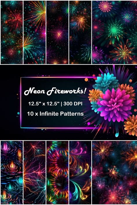 10 Neon Firework Patterns Printable Digital Art For Scrapbooking Diy