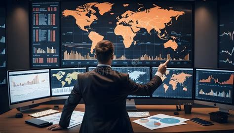 Analyzing World Map Data On Multiple Screens With Financial Charts Stock Illustration