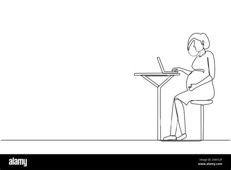Continuous One Line Drawing Pregnant Woman Sitting In Cafe And Using