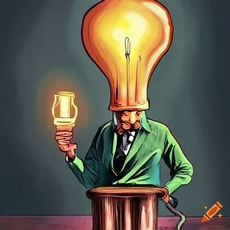 Cartoon Of Thomas Edison With His Inventions Showing Improving Moods On