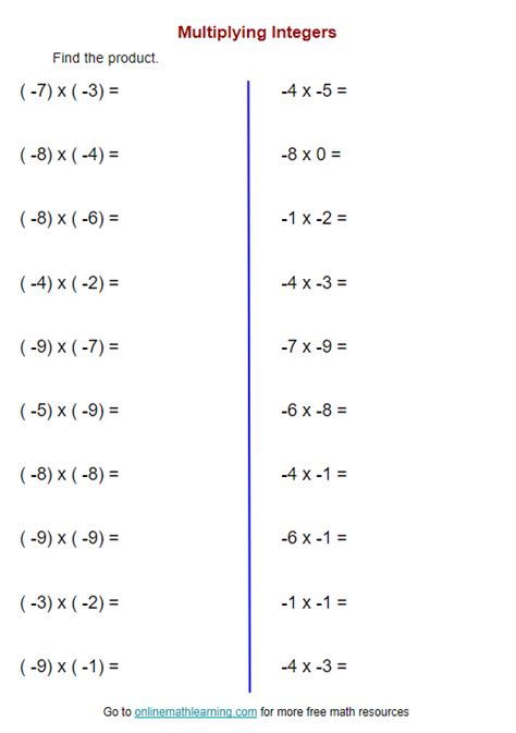 Multiplying Integers Worksheet Printable Online Answers Examples