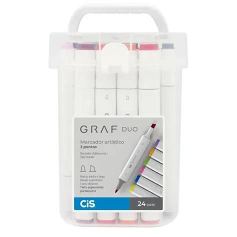 Caneta Marcador Cis Graf Duo 2 Pontas Estojo 24 Cores Caneta Marcador