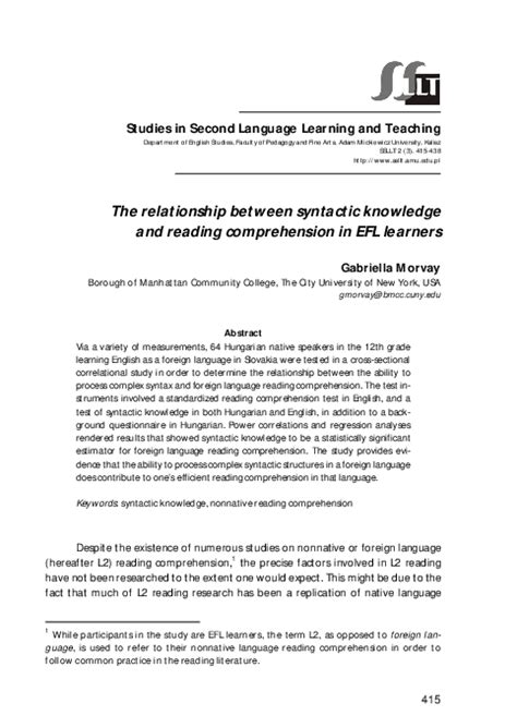 Pdf The Relationship Between Syntactic Knowledge And Reading