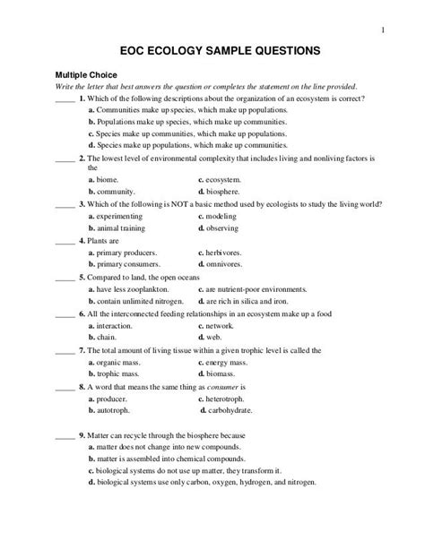 Eoc Ecology Sample Questions