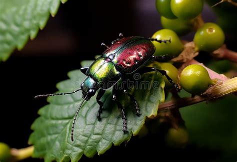 Colorful Beetle Eats Green Leaves Closeup Leptinotarsa Stock