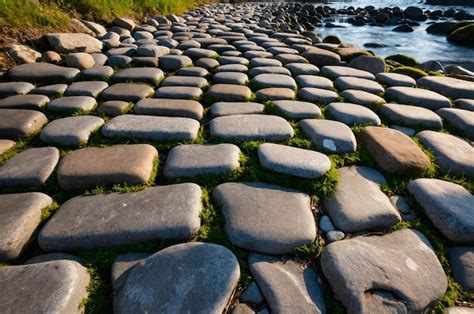 A Stone Walkway With Grass Growing On It And A River In The Background