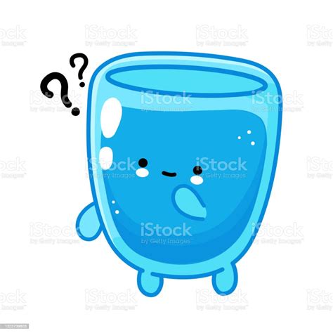 물음표와 귀여운 재미 행복 한 물 유리 문자 벡터 플랫 라인 만화 가와이 캐릭터 일러스트 아이콘 흰색 배경에 격리 물 유리 문자 개념 0명에 대한 스톡 벡터 아트 및 기타
