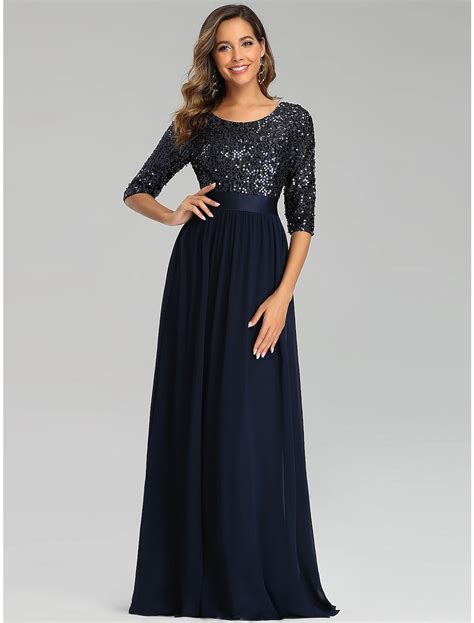A Line Elegant Wedding Guest Formal Evening Dress Jewel Neck 3 4 Lengt