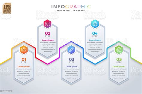 인포 그래픽 벡터 비즈니스 디자인 육각형 아이콘 다채로운 템플릿 5 가지 옵션 또는 단계 격리 된 최소 스타일 마케팅 프로세스 워크플로 프레젠테이션 레이아웃 순서도 인쇄