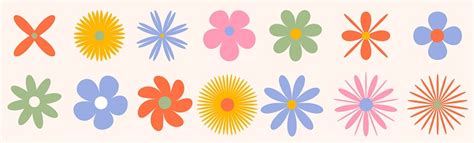 활기찬 그루비 복고풍 데이지 꽃 세트 모던하고 추상적인 터치가 가미된 히피 스타일의 스티커 빈티지 장식 디자인 요소 Element Of Vector 그래픽 0명에 대한 스톡