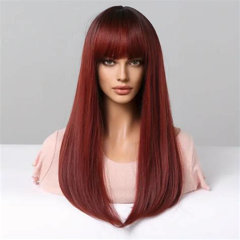 Wine Red Long Straight Hair Wigs Synthetic Fiber Female Wigs Temu Germany