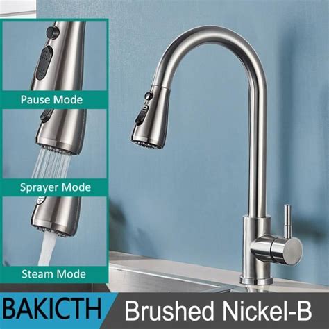 Nickel b brossé robinets de cuisine argentés à poignée unique mitigeur d eau extractible