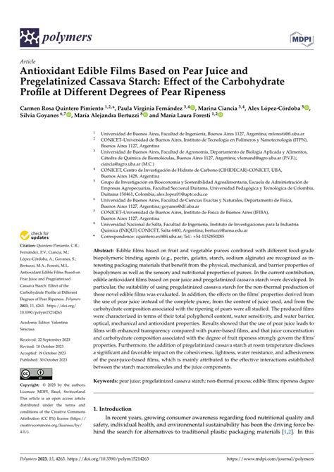 Pdf Antioxidant Edible Films Based On Pear Juice And Pregelatinized