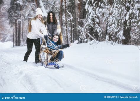Girlfriend Beautiful Young Women Dressed Warmly In Winter Park Stock