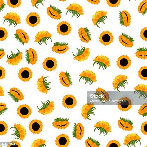 흰색 배경에 오렌지 해바라기와 여름 다채로운 원활한 패턴입니다 만화 스타일입니다 직물 섬유 포스터 카드 종이를 위한 디자인 잎이있는 꽃 벡터 그림입니다 해바라기에 대한 스톡