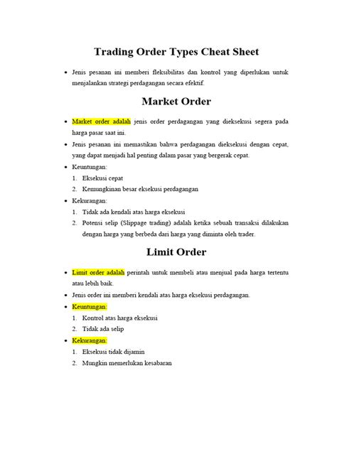 Trading Order Types Cheat Sheet Pdf