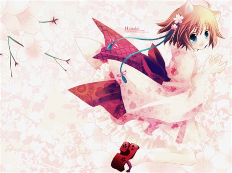 Animalears Blueeyes Catgirl Flowers Japaneseclothes Orangehair