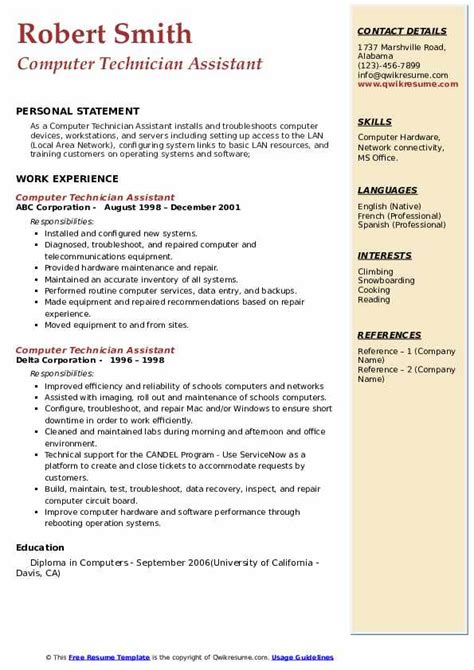Computer Technician Assistant Resume Samples Qwikresume