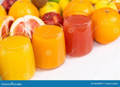 Different Fruit Juices In Glasses On White Background Stock Image