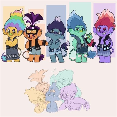 Five Different Colored Cartoon Characters Standing Next To Each Other