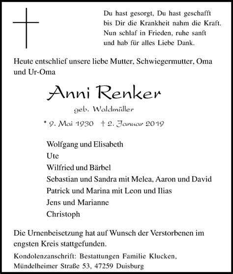 Traueranzeigen Von Anni Renker Trauer In Nrw De