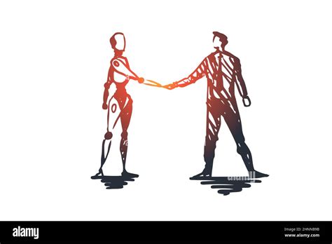 HCI Automation Business Cyborg Cooperation Concept Hand Drawn Human And Robot Shaking Hands
