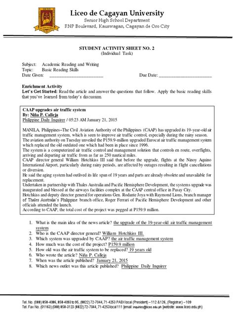 Activity Sheet 2 Basic Reading Skills Pdf Educational Technology