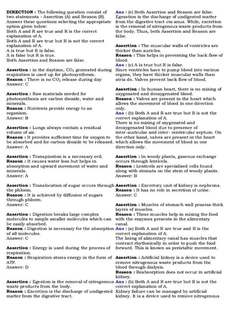 Assertion Reason Qs Life Processes Docx Pdf Cellular Respiration Heart