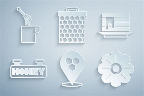 벌집 꿀벌 위치 팬케이크 스택 벌집 꽃 및 디퍼 스틱 아이콘이 있는 교수형 표지판을 설정합니다 벡터 0명에 대한 스톡 벡터 아트 및 기타 이미지 Istock