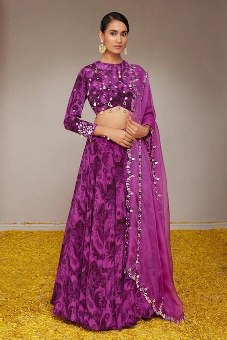 Buy Purple Pure Crepe And Organza Print Floral Mandala Round Neck Flower Lehenga Set For Women